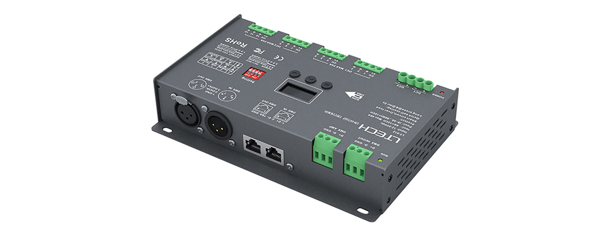 912 RGB/DMX Controller LTECH 12Ch 4A CV DMX Decoder; 1152W Max.Power; XLR-3 ; Green connector ...